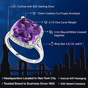 Gem Stone King 10K White Gold Purple Amethyst and White Created Sapphire Engagement Ring For Women (6.74 Cttw, Cushion Cut 12MM, Gemstone Birthstone, Available In Size 5, 6, 7, 8, 9)