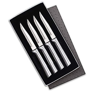 Rada Cutlery Serrated Steak Knife Set Stainless Steel Knives with Brushed Aluminum, Set of 4, 7 3/4, Silver Handle