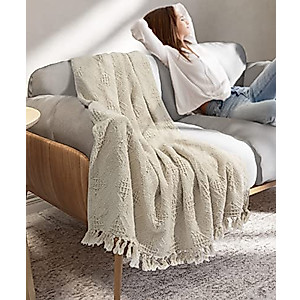 Maxpeuvon Beige Throw Blanket Boho Soft Cozy Knit Blanket with Tassel, Solid Decorative Blankets and Throws, Decor Blanket for Bed, Travel Blanket, Sofa, 50"×60"
