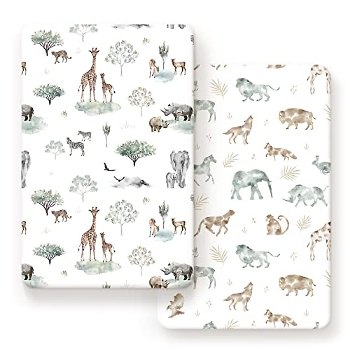 Stretchy Ultra Soft Jersey Knit Fitted Pack n Play Sheets Set 2 Pack, Portable/Mini Crib Sheets for Boys and Girls, Stylish Playard Sheets Fitted Safe and Snug, African Savannah Animals Pattern