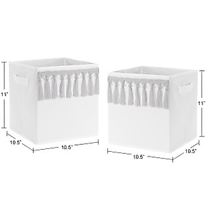 Sweet Jojo Designs Boho Bohemian Foldable Fabric Storage Cube Bins Boxes Organizer Toys Kids Baby Childrens - Set of 2 - Grey White Farmhouse Shabby Chic Designer Modern Minimalist Gray Tassel Neutral