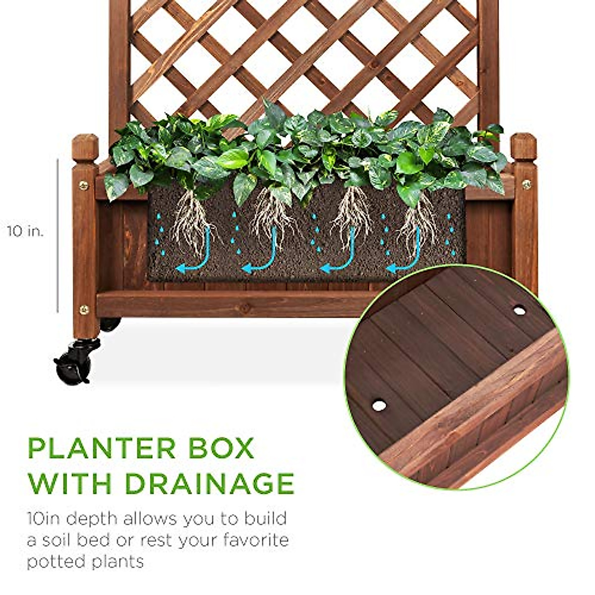Best Choice Products Set of 2 48in Wood Planter Box & Diamond Lattice Trellis, Mobile Outdoor Raised Garden Bed for Climbing Plants w/Drainage Holes, Optional Wheels - Walnut