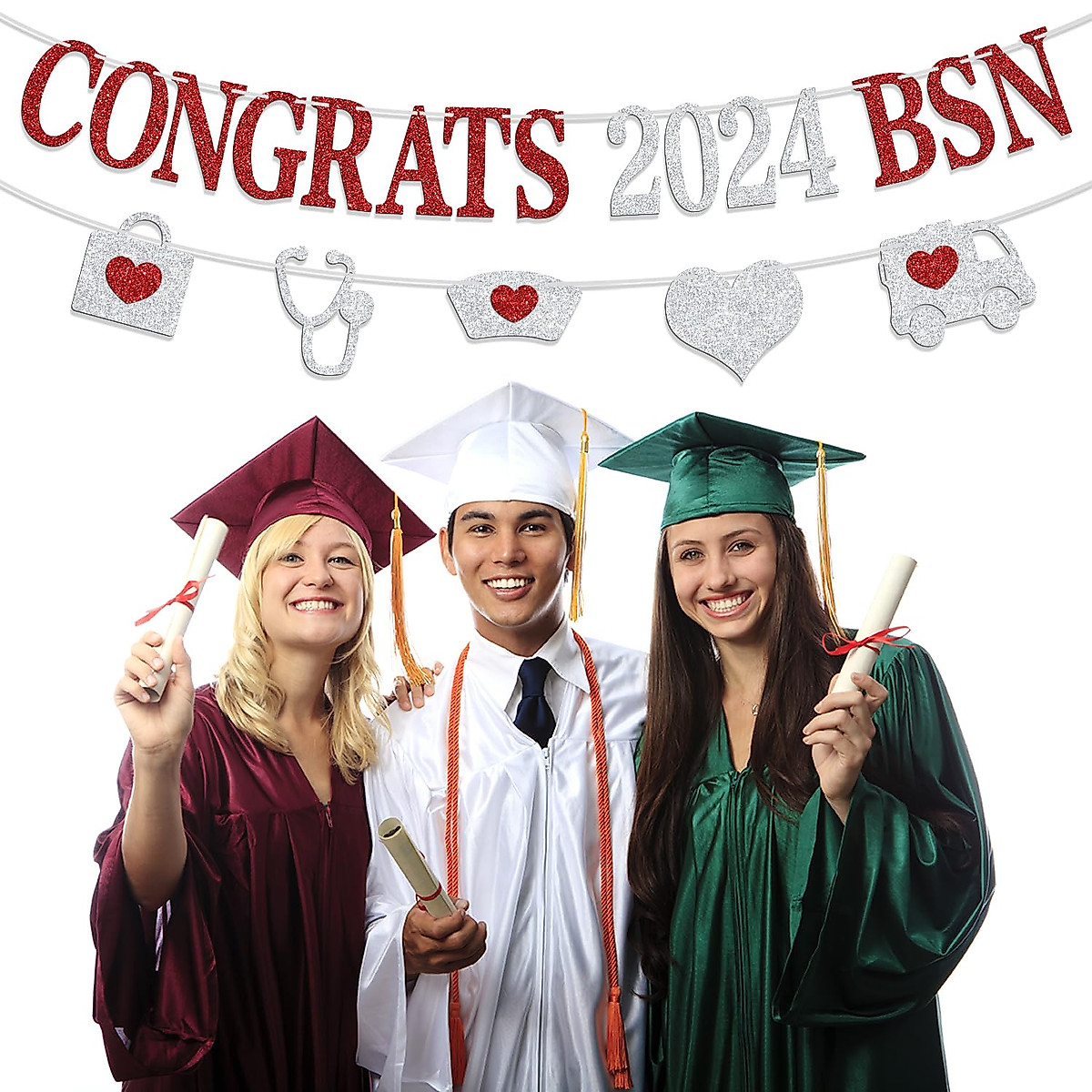 Congrats 2024 BSN Banner - Nurse Grad Party Decoration Supplies - Nursing School Survivor Graduation Party Bunting Sign/Photo Props, Silver and Red Glitter