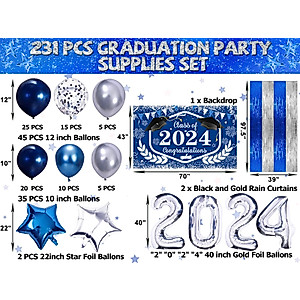 Graduation Decorations Class Of 2024, 231PCS Party Decorations, Graduation Decorations with Backdrop balloons Paper Plate Cup Napkin Cutlery Tablecloth Balloon Garland (Blue and Silver)