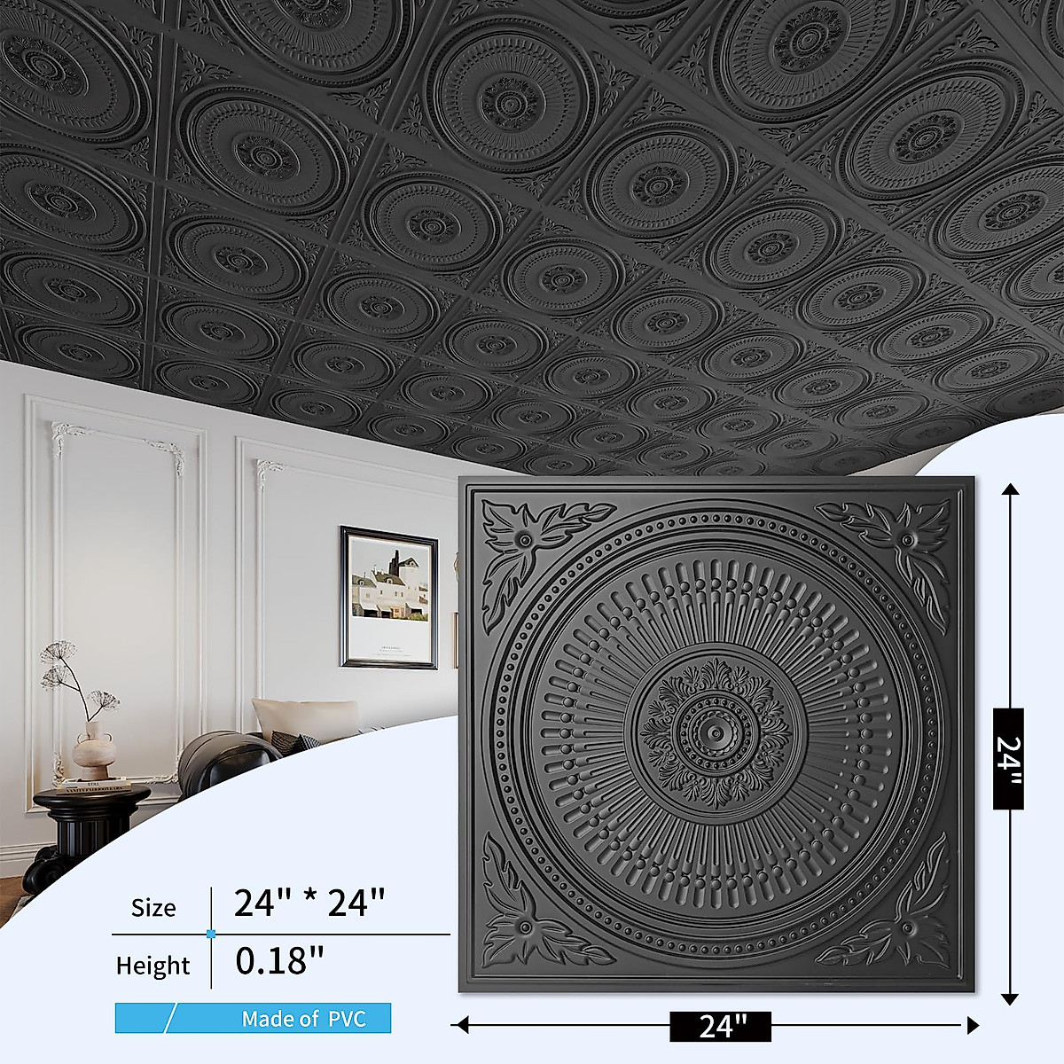 Art3d 12-Pack Drop Ceiling Tiles 2x2 FT, Decorative Easy Install PVC Ceiling Panels for Interior Kitchen Bathroom Basement, 24x24 Inch, Black