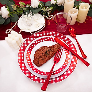 Morejoy 150PCS Christmas Plates Plastic - Red White Plastic Plates Disposable, Includes: 25 Dessert Plates, 25 Dinner Plates, 25 Knives, 25Forks, 25 Spoons, 25Cups Perfect for Chrismtas Party