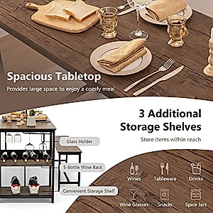 Giantex Dining Table Set for 4, 3-Piece 55” Kitchen Table Set w/ 2 Benches, Breakfast Table w/Wine Rack & Glass Holder, Space-Saving Dinette Set for Dining Room, Kitchen, Apartment (Rustic Brown)