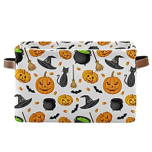 senya Halloween Basket, Large Foldable Storage Basket with Handles Halloween Pumpkin Black Cat Ghost Bat Pattern Fabric Collapsible Storage Bins Organizer Bag for Storage Toy Storage