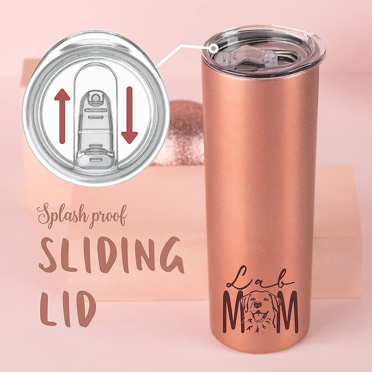 Onebttl Labrador Retriever Gifts for Women, Best Labrador Gifts for Lab Mom, 20 oz Stainless Steel Skinny Tumbler with Lid and Straw, Perfect for Christmas, Birthday, Gifts Box Included, Rose Gold
