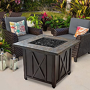 Endless Summer 30 Inch Square 30,000 BTU Liquid Propane Gas Outdoor Fire Pit Table w/Push Button Ignition, Black Fire Glass, & Steel Fire Bowl, Black