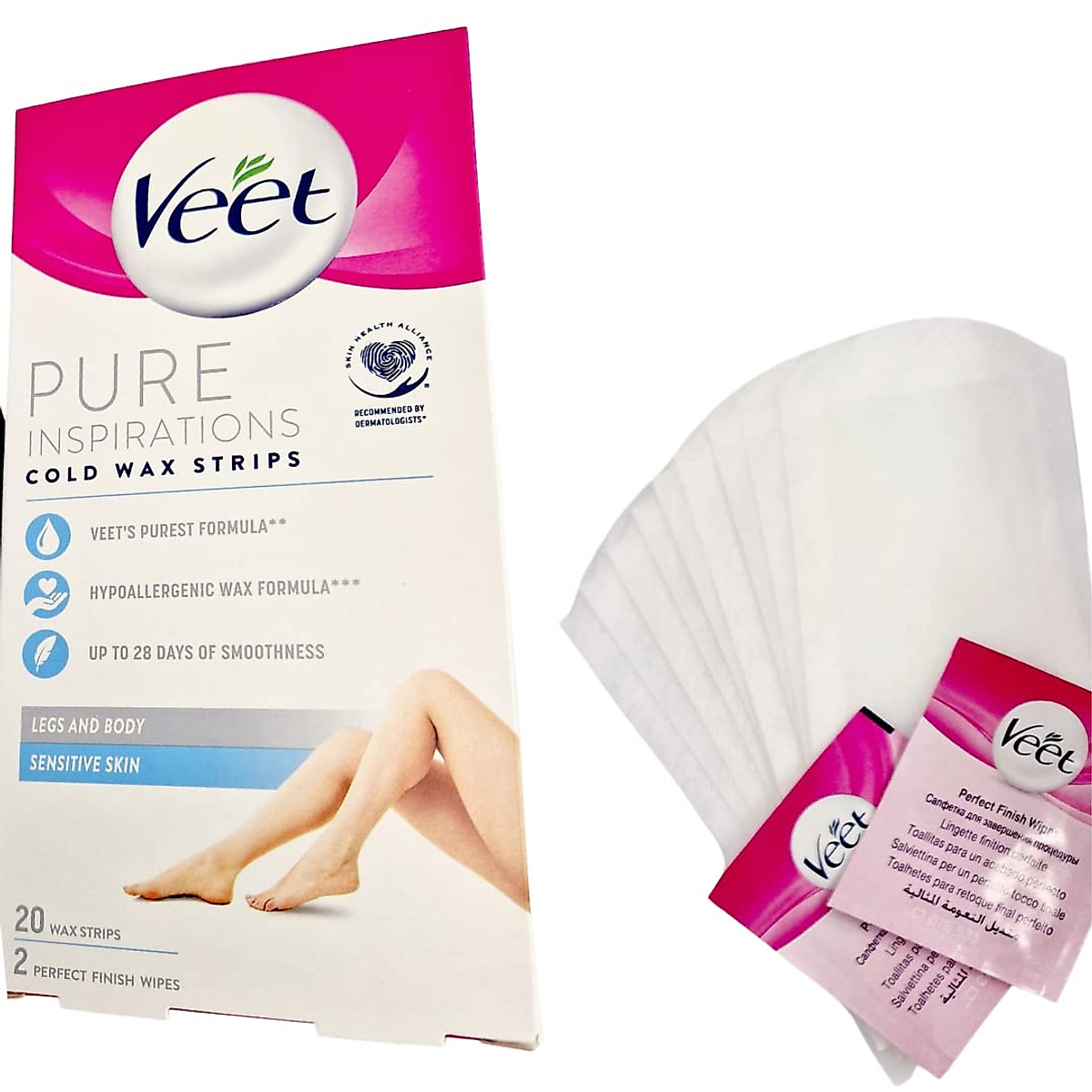 Veet Pure Cold Wax Strips, Legs & Body, Sensitive Skin, 20 Strips, 2 Finish Wipes, Hair Removal, Removes Hair From Root, 28 Days Smoothness, Hypoallergenic Formula (Packaging may vary)