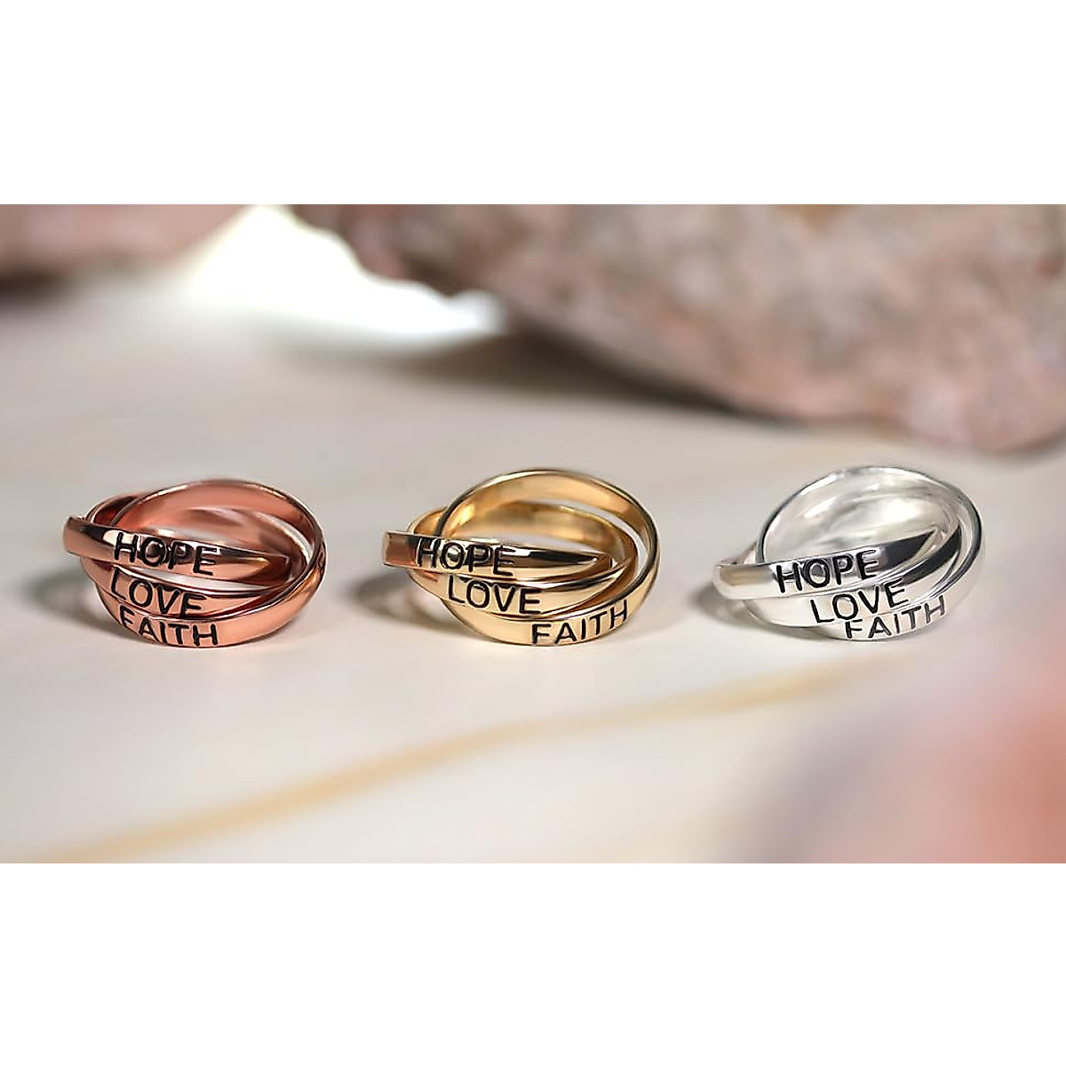 Hoops & Loops Sterling Silver HOPE FAITH LOVE Inspirational Triple Interlocking Ring, Size 7