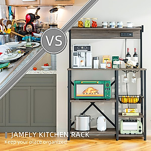 JAMFLY Kitchen Bakers Rack with Power Outlet, Coffee Bar Cabinet, Kitchen Cart, Large Microwave Stands Cart with 6 S-Shaped Hooks, Wine Glass Holder and Basket (Grey)