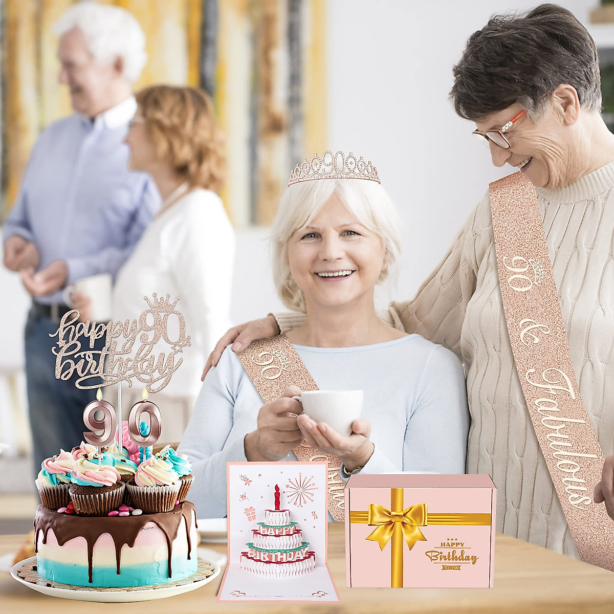 90th Birthday Decorations For Women, Include 90th Birthday Sash and Tiara, Birthday Cake Topper and Number 90 Candles, Balloons, 3D Birthday Card, 90th Birthday Gifts Women