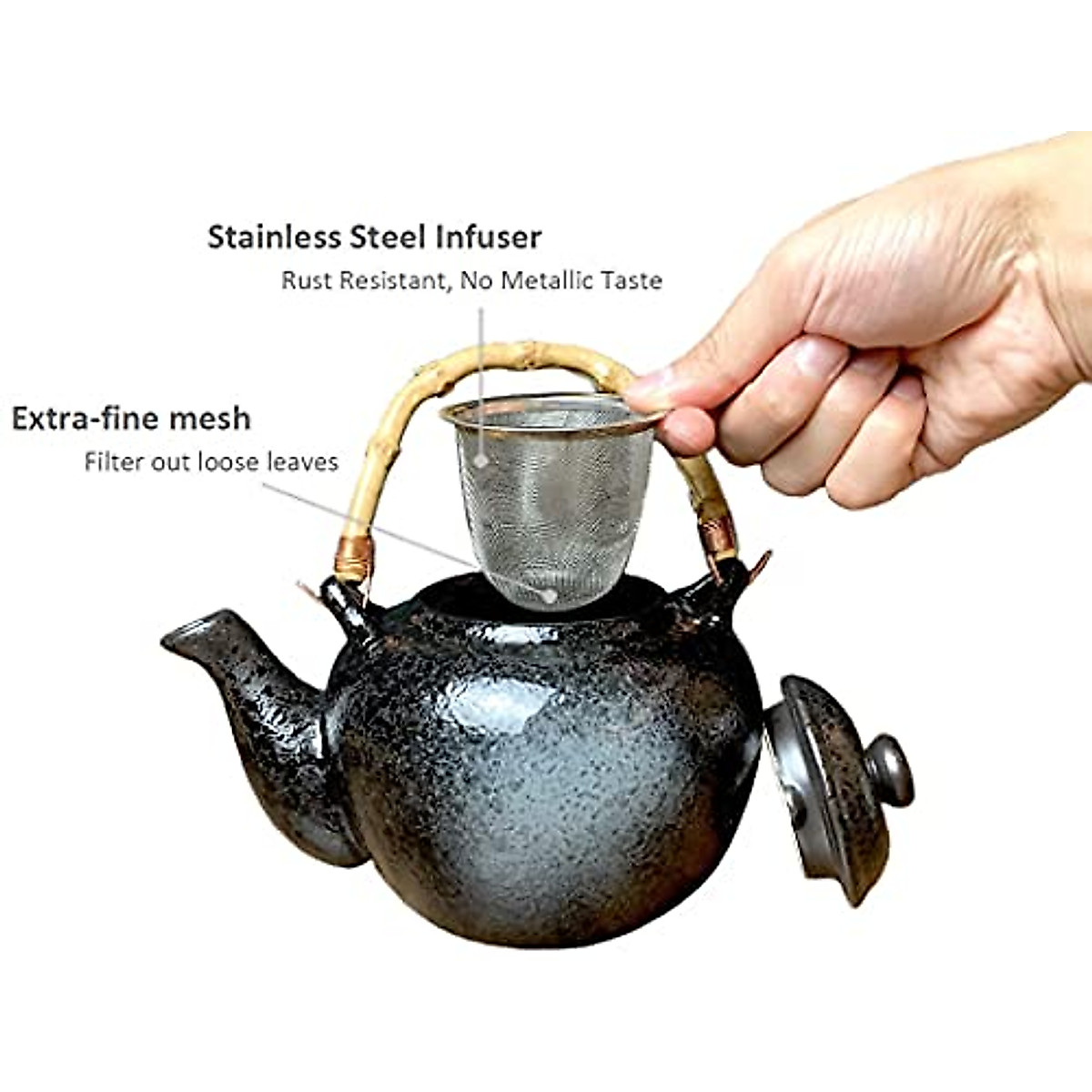 Japanese Asian Tea Set Ceramic Teapot with Strainer, Rattan Handle, 4 Tea Cups, Tea Scoop, Wooden Serving Tray and Instructions - Modern Teapot Set for Home and Office - Gift
