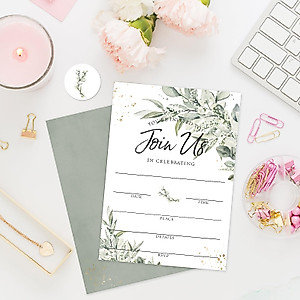 Whaline 25 Sets Greenery Invitations with Envelopes Stickers Sage Green Leaves Invitation Cards Blank Invites for Spring Wedding Reception Bridal Baby Shower Birthday Dinner Party, 5 x 7 Inch