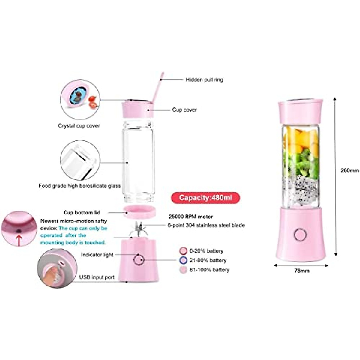 Toycol Portable Blender Mini Personal Juicer Cup Travel Smoothie Maker with Updated 6 Blades,Wireless USB Rechargeable Fruit Juice Mixer with 4000mAh Battery 16Oz for Outdoors,Home,Office,Sports Christmas Gift Blue