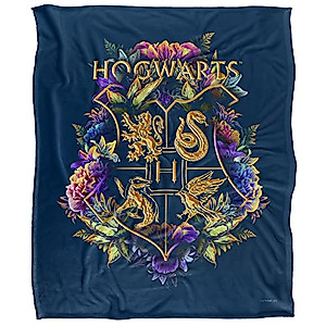 Harry Potter Blanket, 50"x60", Hogwarts Multi-Colored Floral Crest Silky Touch Sherpa Back Super Soft Throw Blanket
