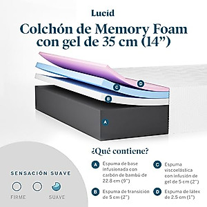 LUCID 14 Inch Memory Foam Mattress - Plush Feel - Memory Foam Infused with Bamboo Charcoal and Gel - Temperature Regulating - Pressure Relief - Breathable - Premium Support - California King Size