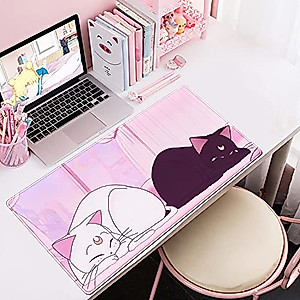 Desk Pad Pink Anime White Cat Black Cat Gaming Mouse Pad Large, Desk Office Decor Exclusive Beautiful Girls Mouse Pad for Women Desktop with Stitched Edges Non-Slip Rubber Computer Mat 31.5x15.7 in