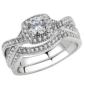 FlameReflection Stainless Steel Rings for Women Infinity Wedding Set Round CZ Cubic Zirconia Halo Engagement Bridal Jewelry Set Size 9
