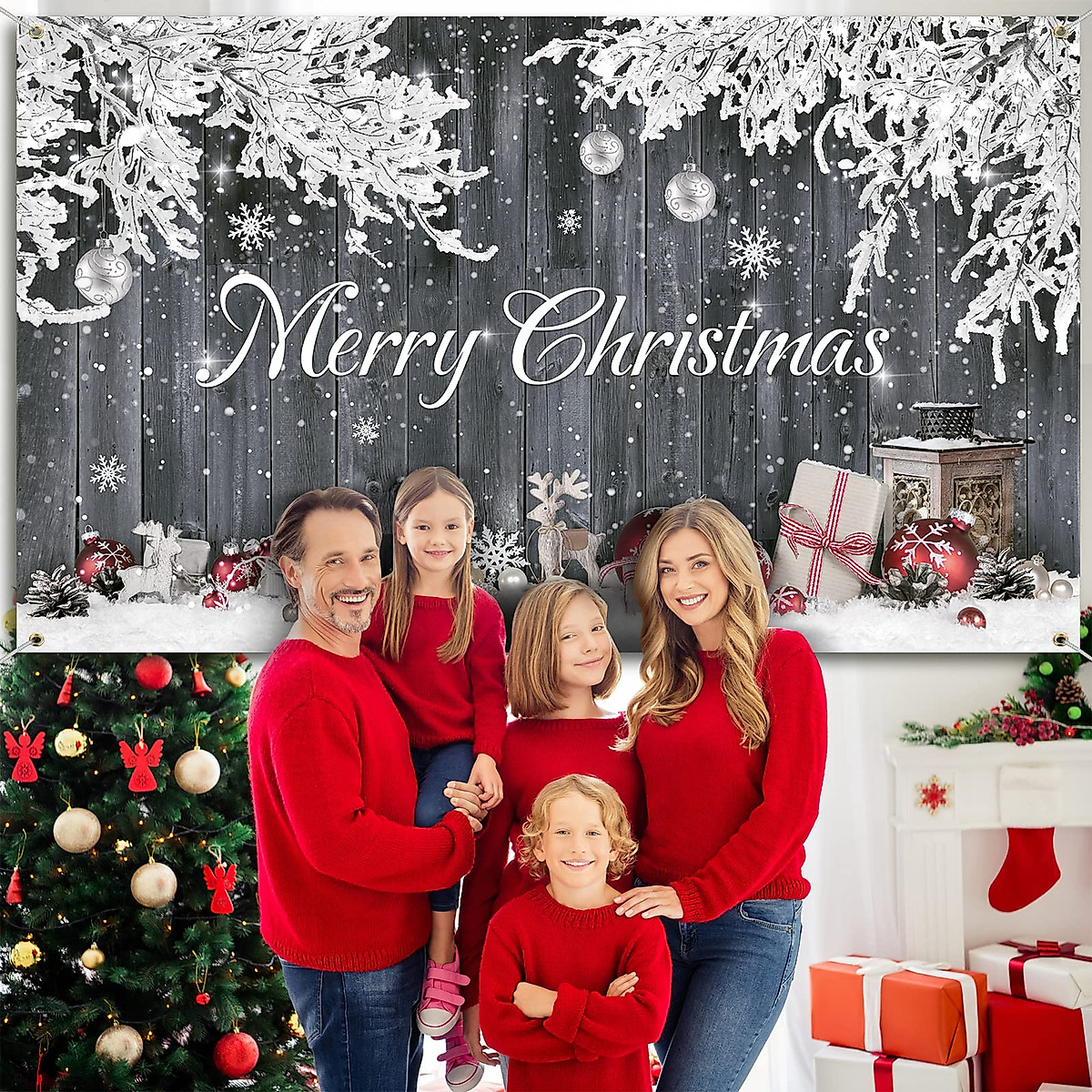 Christmas Wood Photography Backdrop Merry Christmas Santa Claus Gifts Background Rustic Barn Snowflakes Photo Background for Winter Holiday Home Decor Xmas Party Photography Props, 73 x 43 Inches