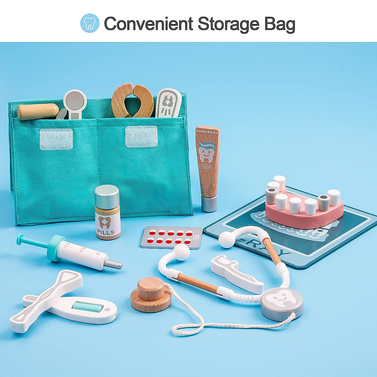 ROBUD Doctor Kit for Kids with Teeth Toy Dentist Kit for Kids Realistic Wooden Doctor Set for Kids Pretend Play Montessori Toys Doctor Playset