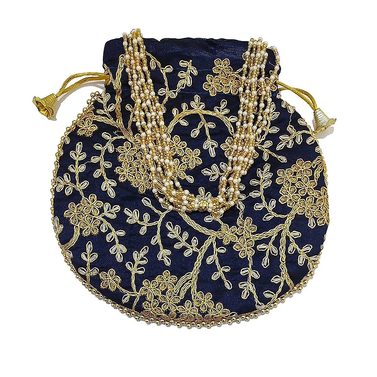 Truesellershop Indian Ethnic Designer Embroidered Silk Potli Bag Batwa Pearls Handle Purse Clutch Purse for Women (Navy Blue)