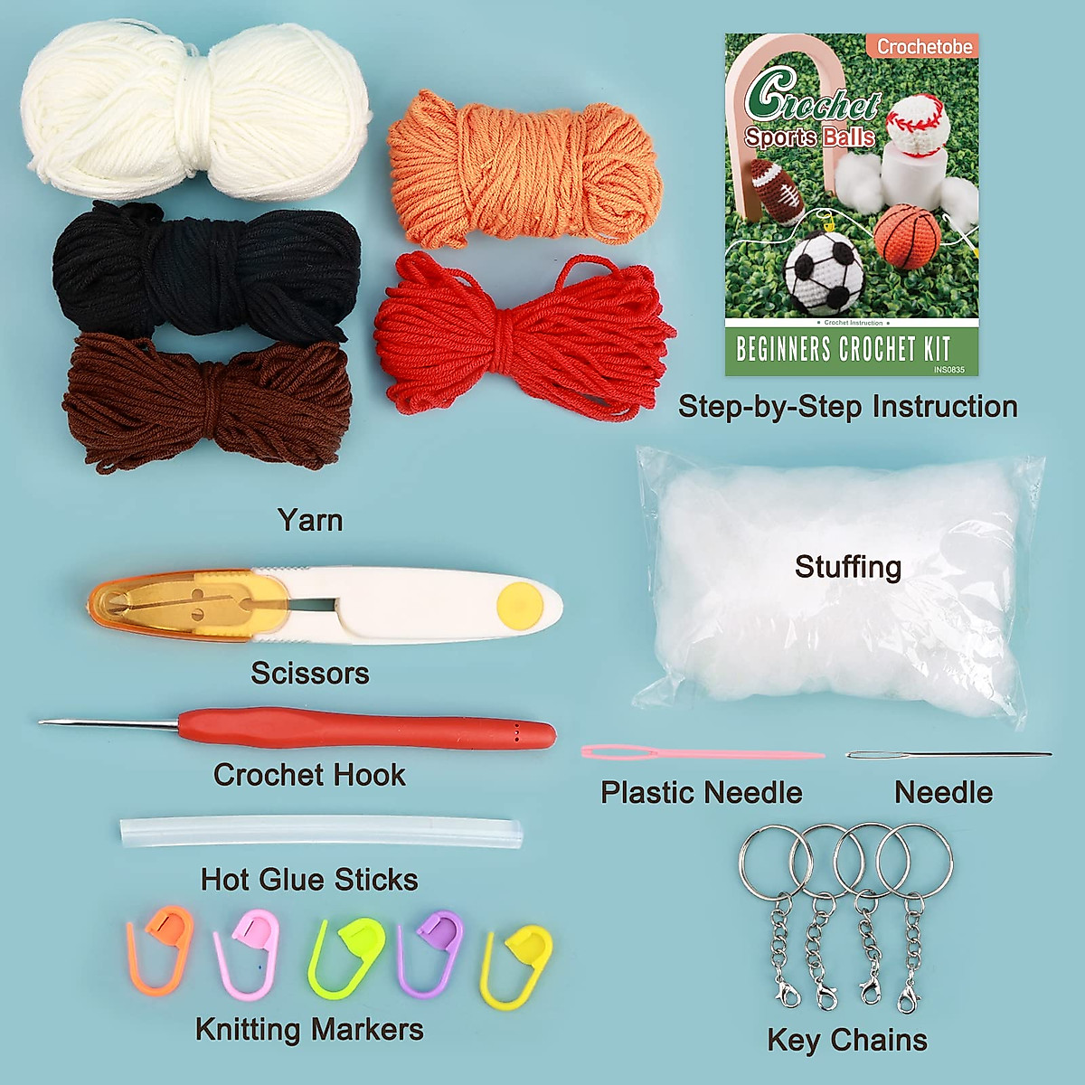 Crochetobe Crochet Kit for Beginners - 4 PCS Sports Balls Crochet, Complete Crochet Set includes Step-by-Step Instructions and Video Tutorials, Beginner Crochet Kit for Adults (Patent Product)