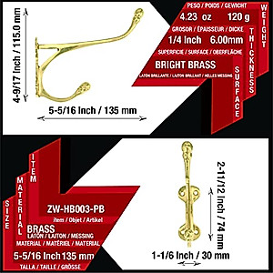 ZhongWang Hardware HB003 Bright Brass Coat & Hat Big Double Hooks/Abrigo y Sombrero de latón Brillante ganchos dobles Grandes