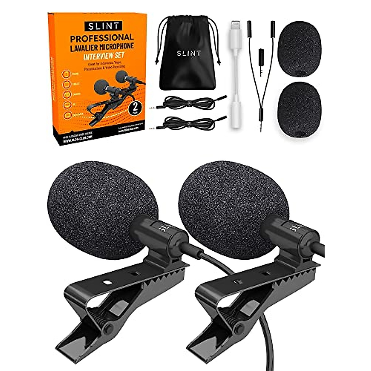 SLINT Lapel Microphone 2 Pack- Clip-On with Omnidirectional Condenser - Lavalier Mic Compatible with Android, GoPro, DSLR - Lav Mic for YouTube Recording