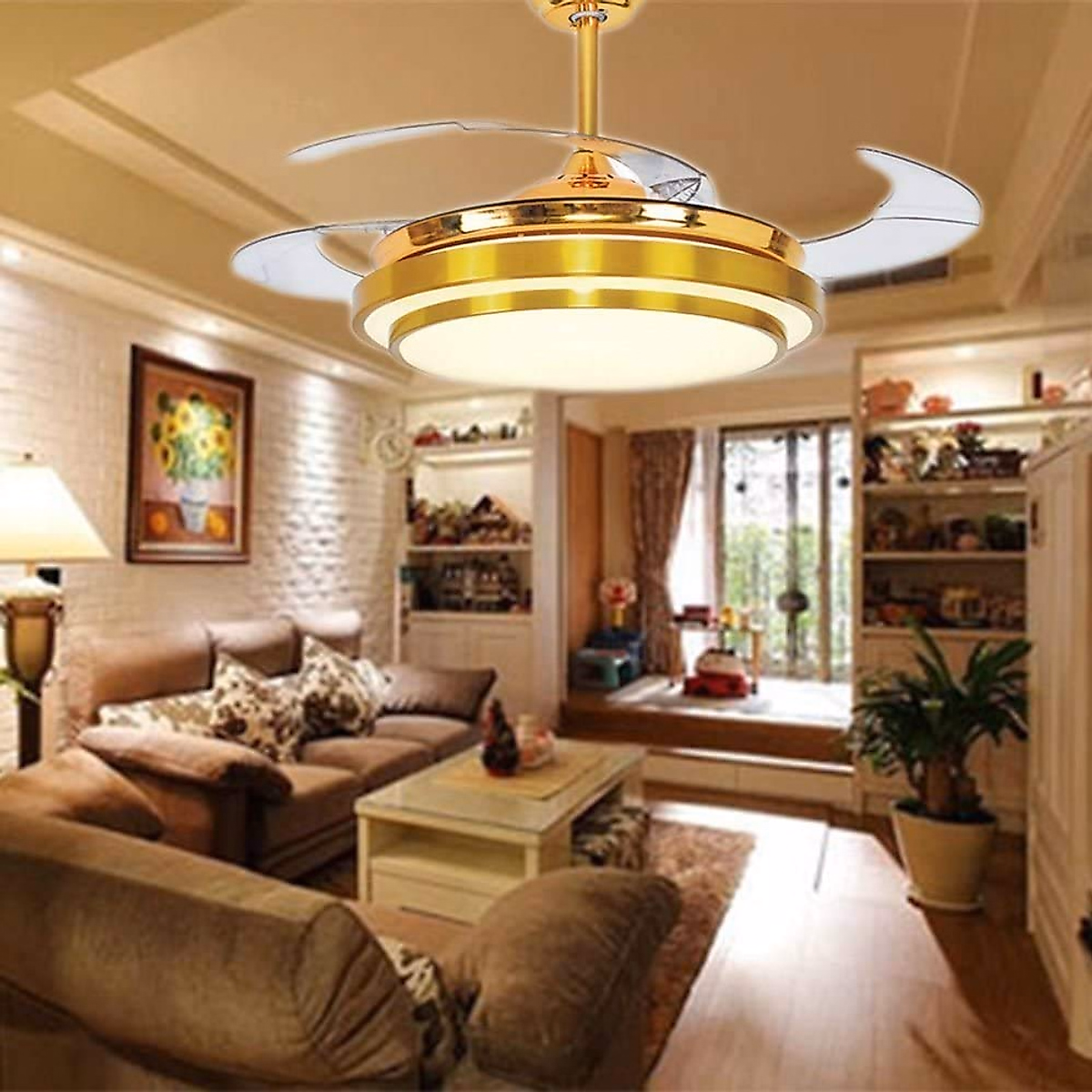 Lighting Groups 42" Retractable Reversible Ceiling Fans with LED Light Remote Control 4 Invisible Clear ABS Blades Livingroom Diningroom Fan Chandelier Indoor Ceiling Light Kits with Fans (Gold-01)