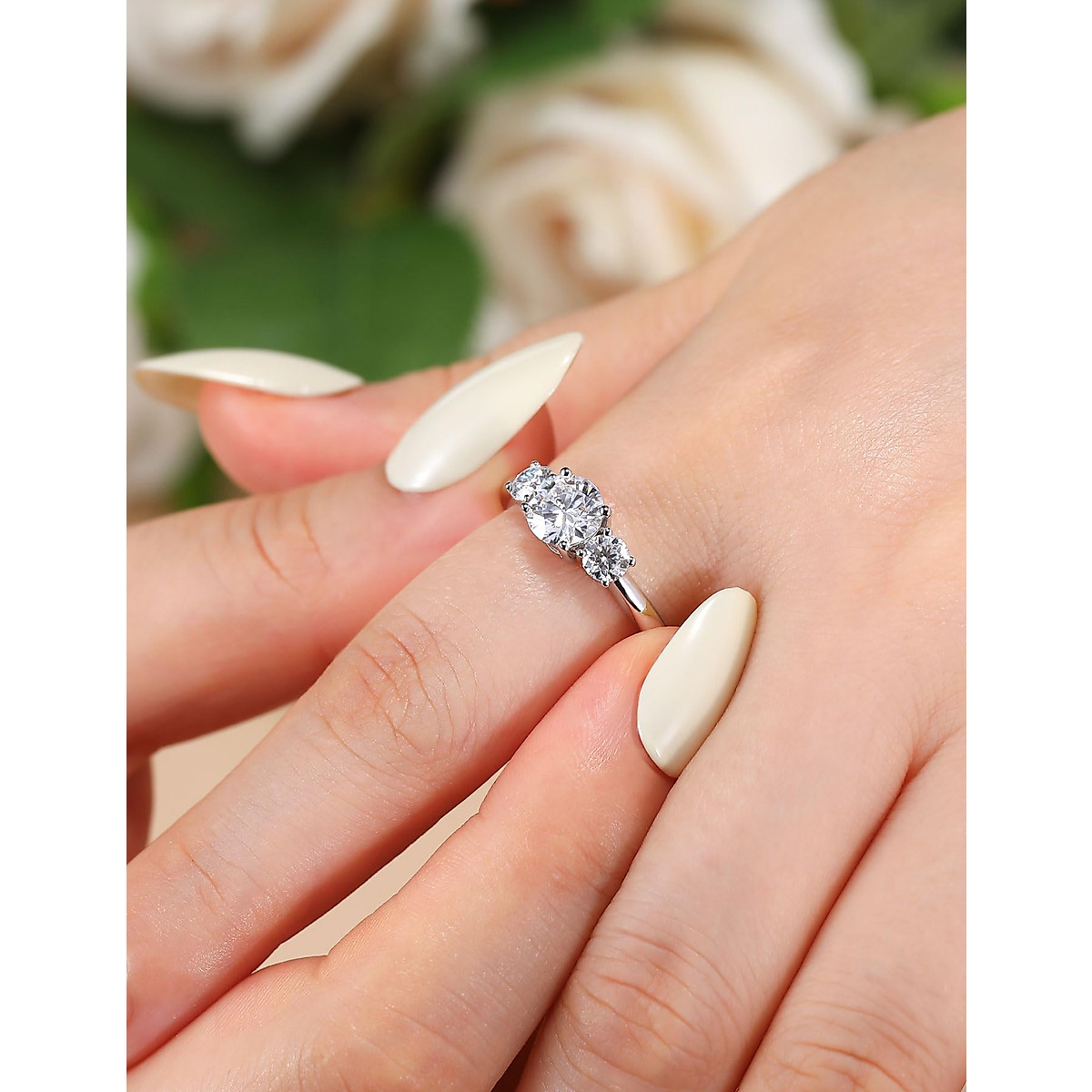 Ladylike Moissanite Engagement Rings for Women 18K White Gold Plated Sterling Silver Round Cut 3-Stone Ring 1.6 Carats D Color VVS1 Moissanite Rings Anniversary Wedding Ring Promise Ring for Her (7)