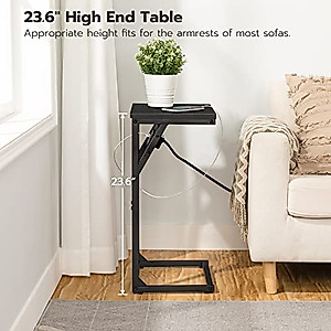 HOOBRO C Shaped End Table with Charging Station, Narrow Sofa Couch Side Table for Small Space, Industrial Bedside Table with Metal Frame for Living Room, Bedroom, Dorm, Black BB06USF01