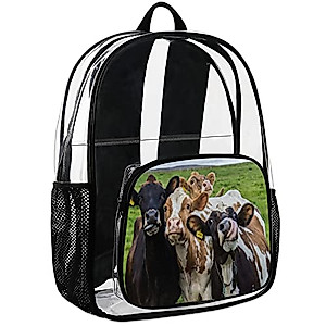 Funny Cows Clear Backpack, Cute Animal Heavy Duty Transparent Backpack Waterproof Bookbag with Adjustable Shoulder Straps for Work Travel School Stadium Security Travel
