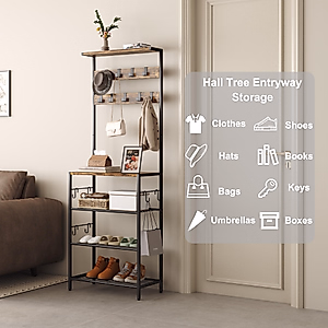 HOMEFORT Coat Rack with Shoe Storage, 5-Tier Shoe and Coat Rack with 9 Clothes Hooks, Freestanding Hall Tree Organizer for Entryway, Bedroom, Rustic Brown