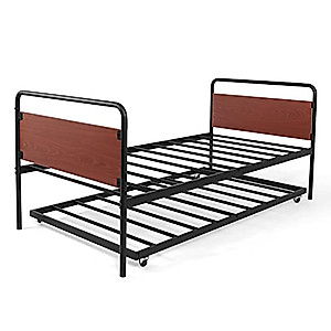 CAPHAUS Round Corner Metal Daybed Frame with Trundle, Twin Bed and Trundle Set, Mattress Foundation with Steel Slat Support and Roll Out Trundle Accommodate, Premium Steel, P2 Grade Walnut Wood Board
