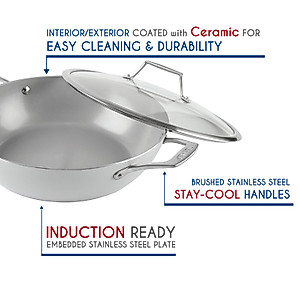 TECHEF - CeraTerra, 5 Qt / 12-in Ceramic Nonstick All Purpose Chef Pan with Cover, (PTFE and PFOA Free Ceramic Exterior & Interior), Oven & Dishwasher Safe, Made in Korea, Grey/Silver (5 Qt Chef Pan)