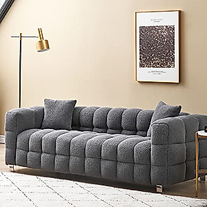 Dolonm Modern Sofa Couch with Metal Legs Upholstered Tufted 3 Seater Couch with 2 Pillows Decor Furniture for Living Room, Bedroom, Office, 80 Inch Wide (Grey-Teddy)