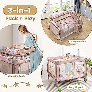 Costzon 3 in 1 Pack and Play with Bassinet, Portable Baby Playard with Changing Table, Bassinet, Music Box, Whirling Toys, Wheels/Brake, Large Basket, Bag, Foldable Travel Crib for Indoor Outdoor