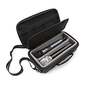 CASEMATIX Wireless Microphone Case Compatible with Two Wireless Mic System Microphones Up To 10.5" by Sennheiser, Shure and More - Sleek Mic Case For Travel with Lid Storage for Singing or Karaoke