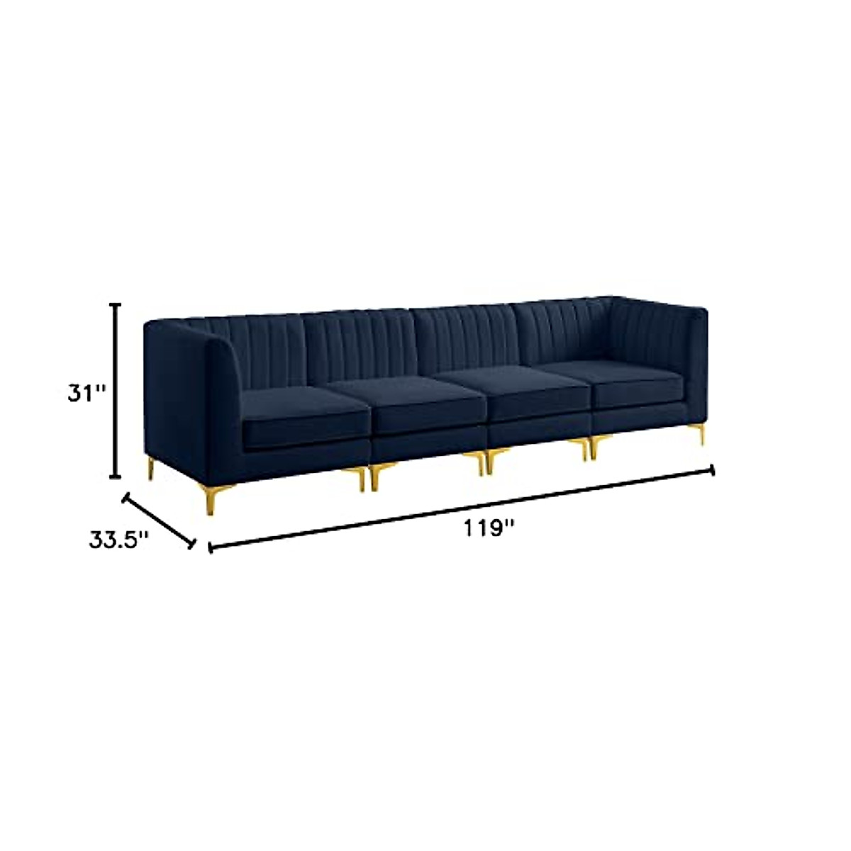 Meridian Furniture Alina Collection Velvet Upholstered Modular Sofa with Deep Channel Tufting, 119" Wide, Navy