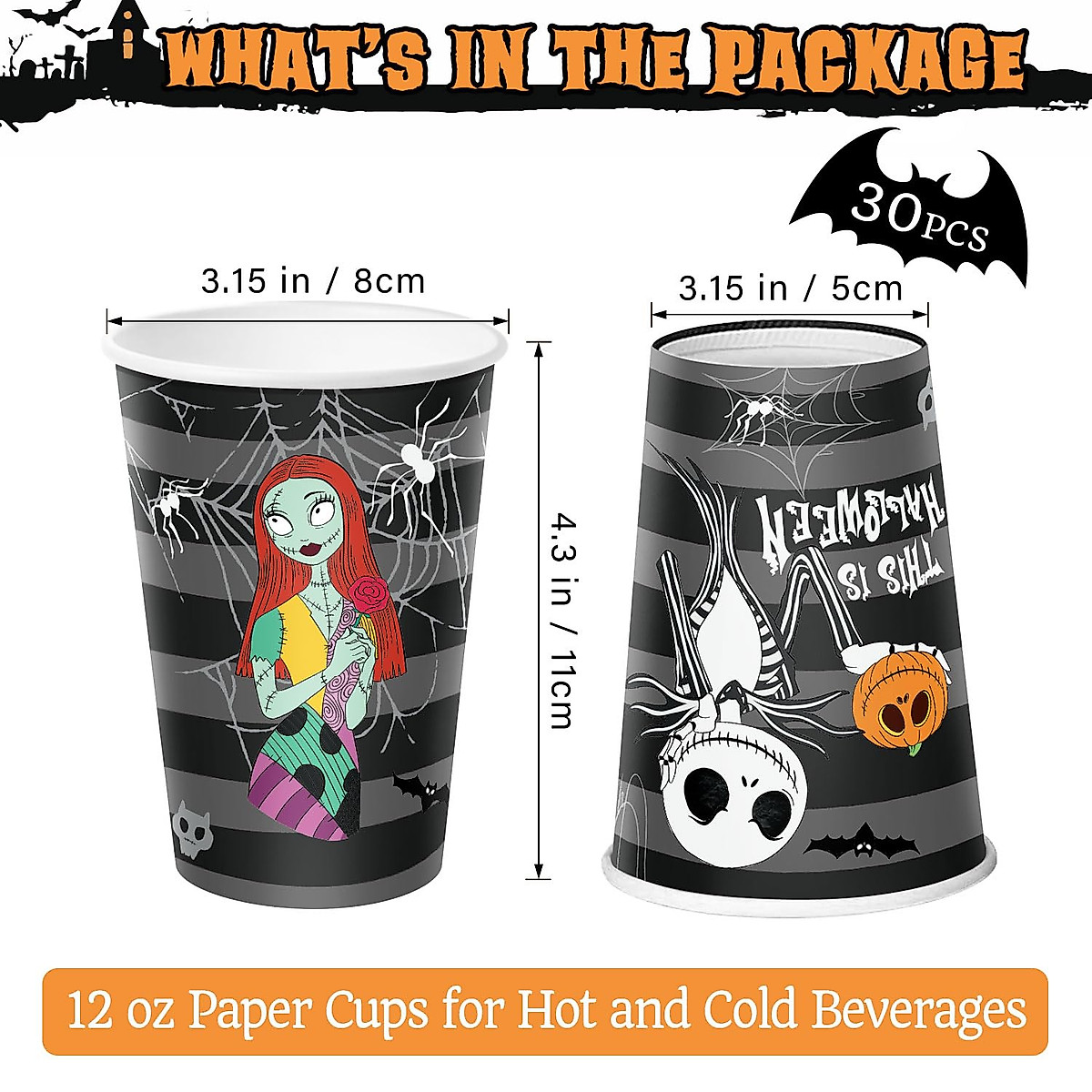 Halloween Disposable Cups for Kids Adult 30 PCS, Halloween Pumpkin Skeleton Disposable Paper Cups for Hot Cold Drinks, Spiderweb Bat Holiday Cups Spooky Halloween Party Supplies 12 OZ Black
