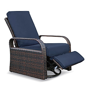ATR ART TO REAL Outdoor Swivel Chairs, Wicker Patio Recliner Chairs Lounge Chair with Fabric Cushions for Garden, Backyard, Porch, Poolside, Adjustable Lounging Positions (Navy)
