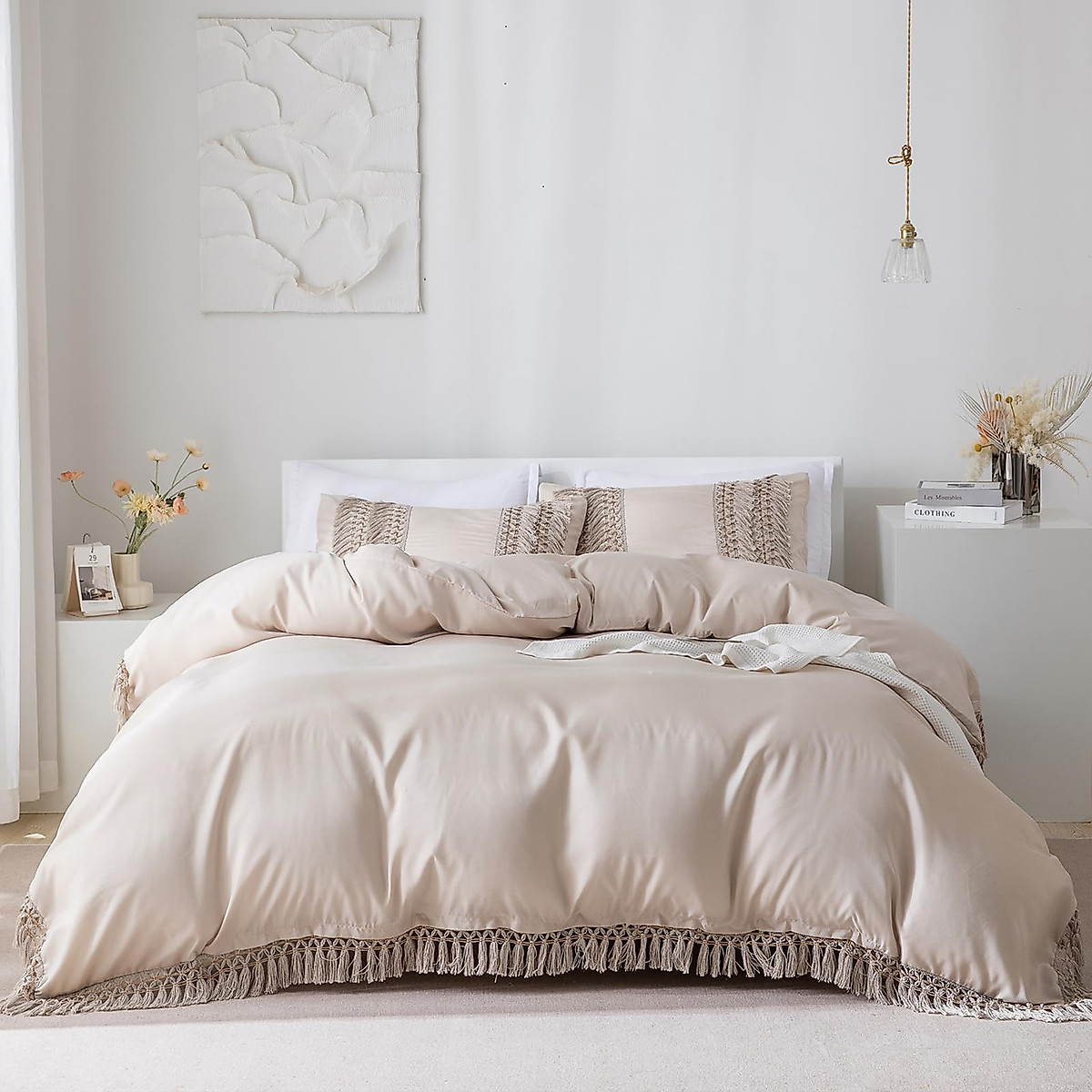 Boho Bedding Beige Cream King Duvet Cover Set Bohemian Tassel Macrame Bedding Rustic Farmhouse Room Decor Shabby Chic Beige Duvet Cover Set with 2 Boho Pillow Cover