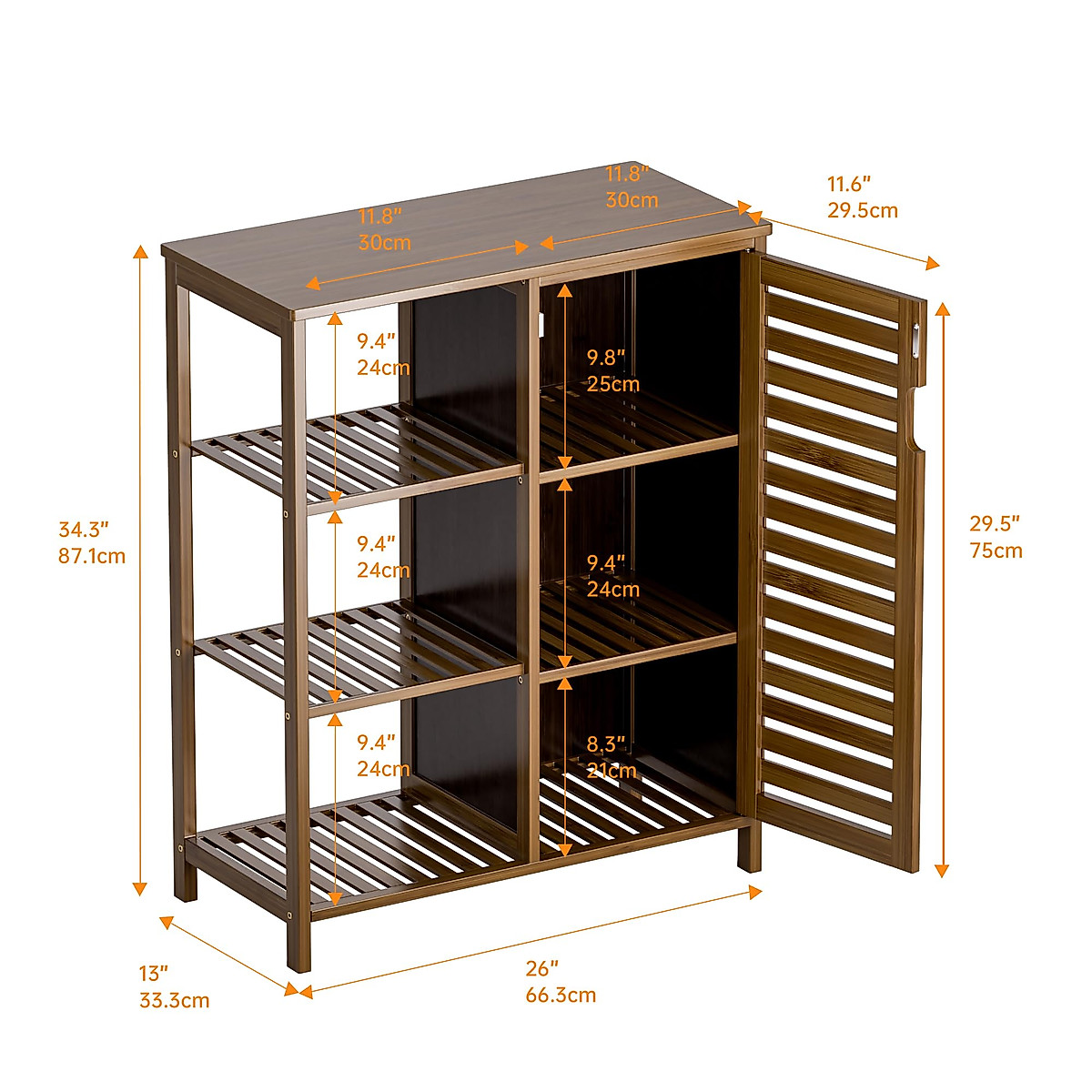 HITNET Bathroom Storage Cabinet Bamboo, Free Standing Floor Cabinet, Kitchen Cupboard Side Storage Organizer with Shutter Door and 3 Side Shelves, Walnut