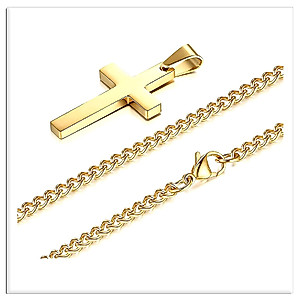 Xusamss 18K Gold Plated Stainless Steel Cross Religious Pendant Necklace,22inches Link Chain