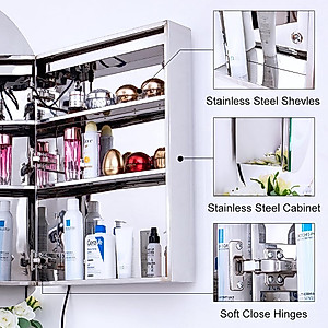 Chende 20" x 31" Bathroom Medicine Cabinet with Mirror, Oval Lighted Medicine Cabinet with Anti Fog and 3 Light Settings, Dimmable Stainless Steel Cabinet with Lights for Bathroom