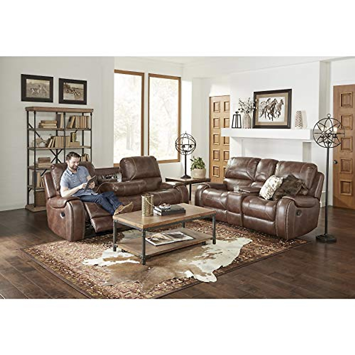 Roundhill Furniture Achern Brown Leather-Air Nailhead Manual Reclining Sofa and Loveseat with Storage Console and USB Port