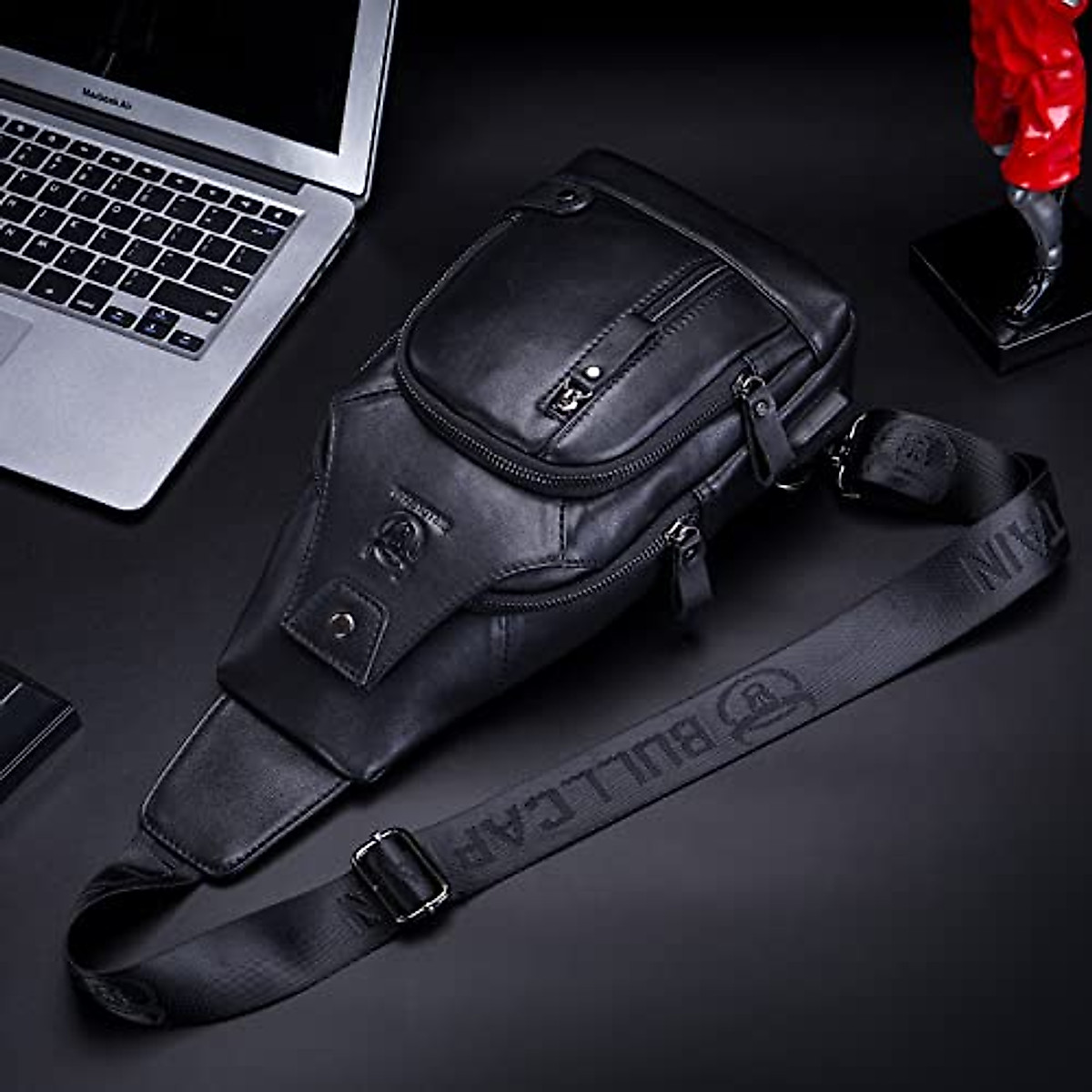 BULLCAPTAIN Genuine Leather Sling Bag with USB Charging Port Multi-pocket Chest Bag for Men Hiking Travel Daypack XB-129 (Black)